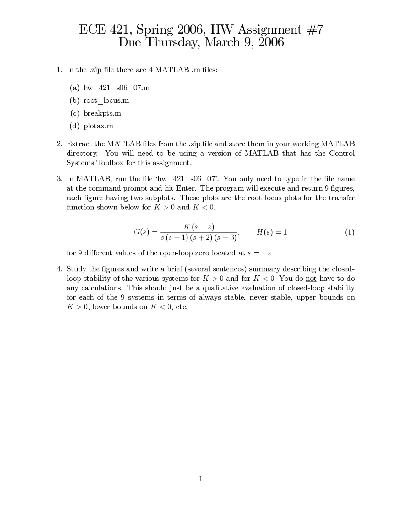 Assignment For Classical Systems And Control Theory Ece 421 Docsity