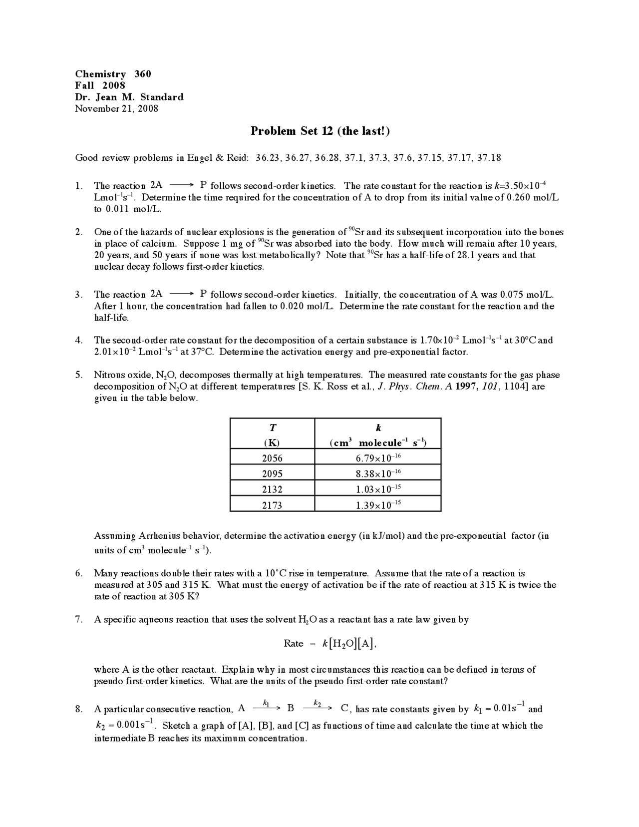 Assignment 12 For Physical Chemistry I Che 36000 Docsity