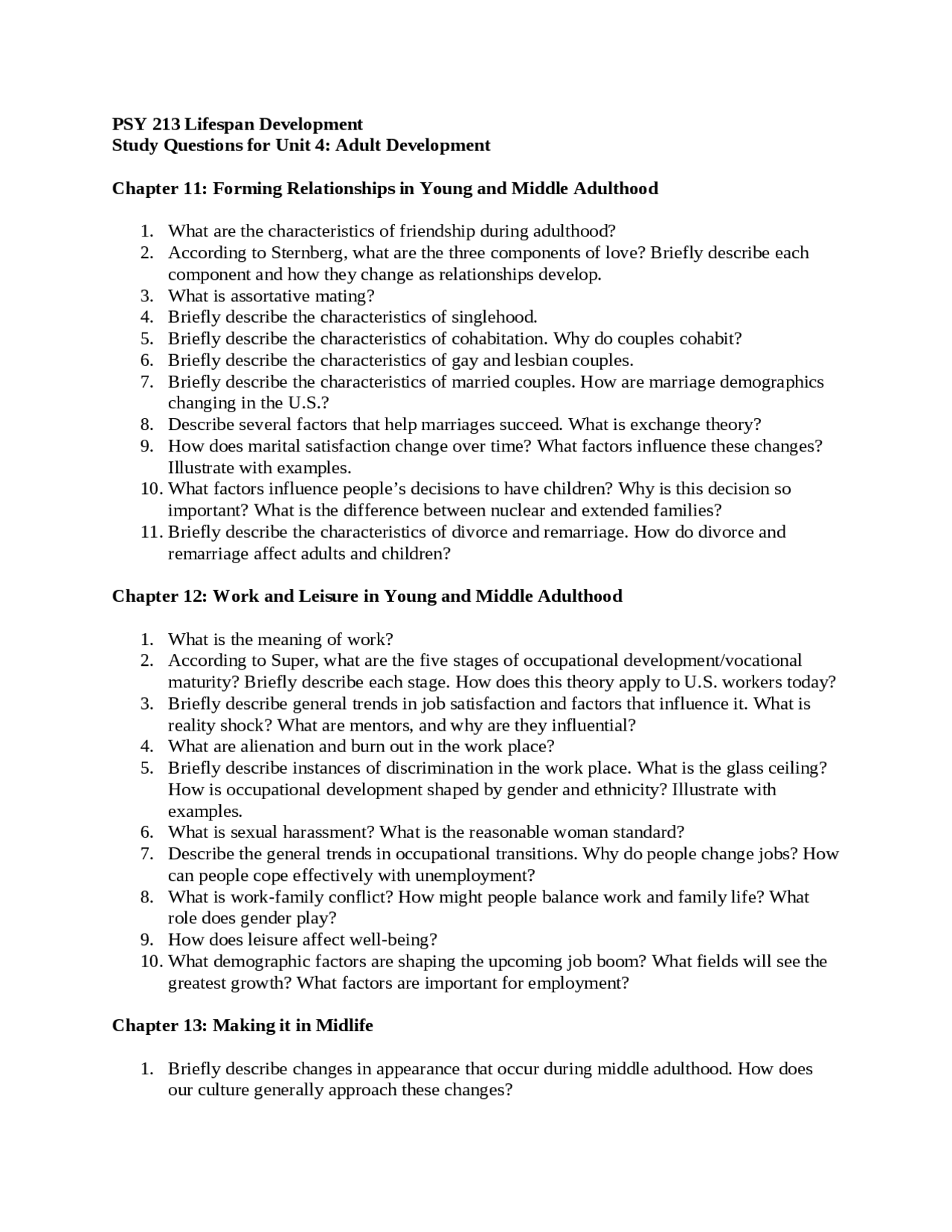 Review Questions On Adult Development Lifespan Development Psy 213