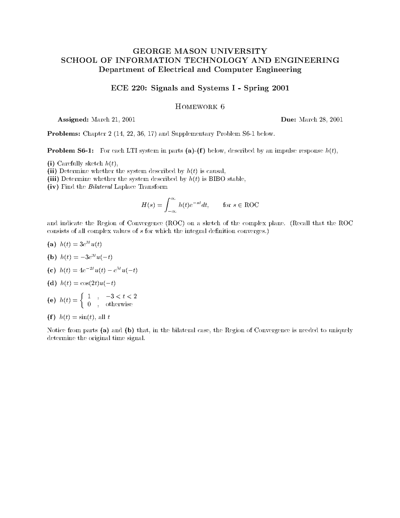 Problems on Signals and Systems I - Homework 6 | ECE 220 | Assignments Electrical and ...