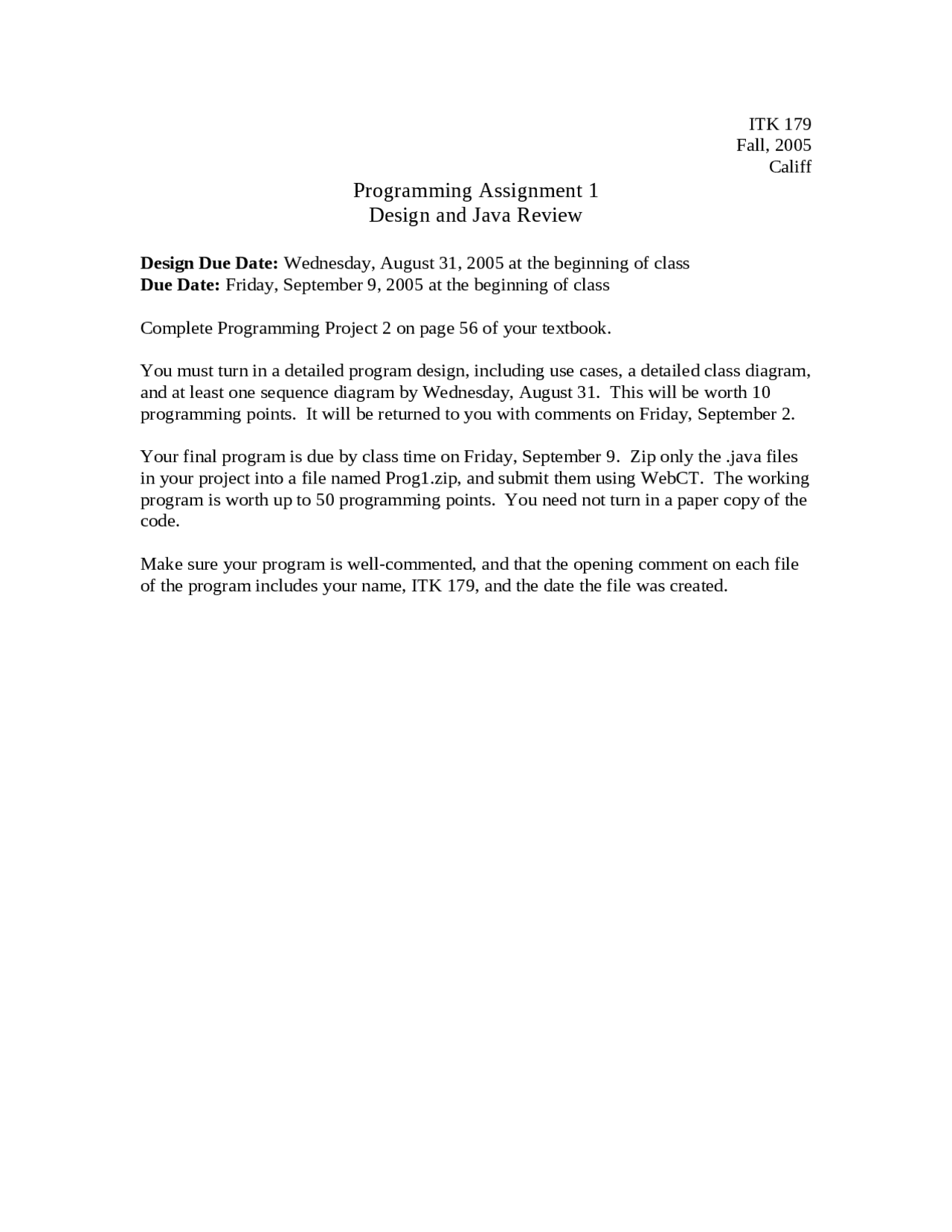 Programming Assignment 1 Design And Java Review Itk 17900 Docsity