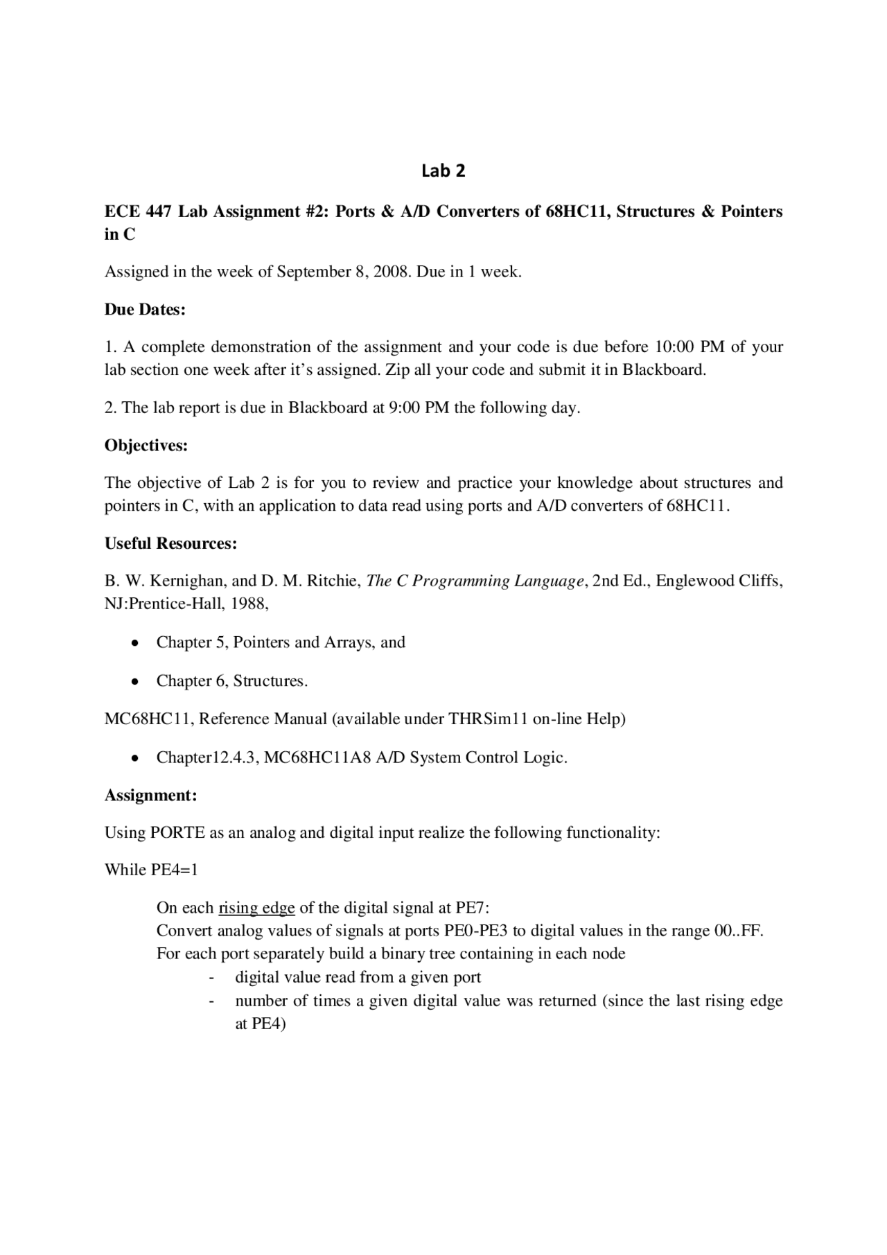 Lab 2: Ports A/D Converters 68HC11, Structures Pointers in C | ECE 447 - Docsity