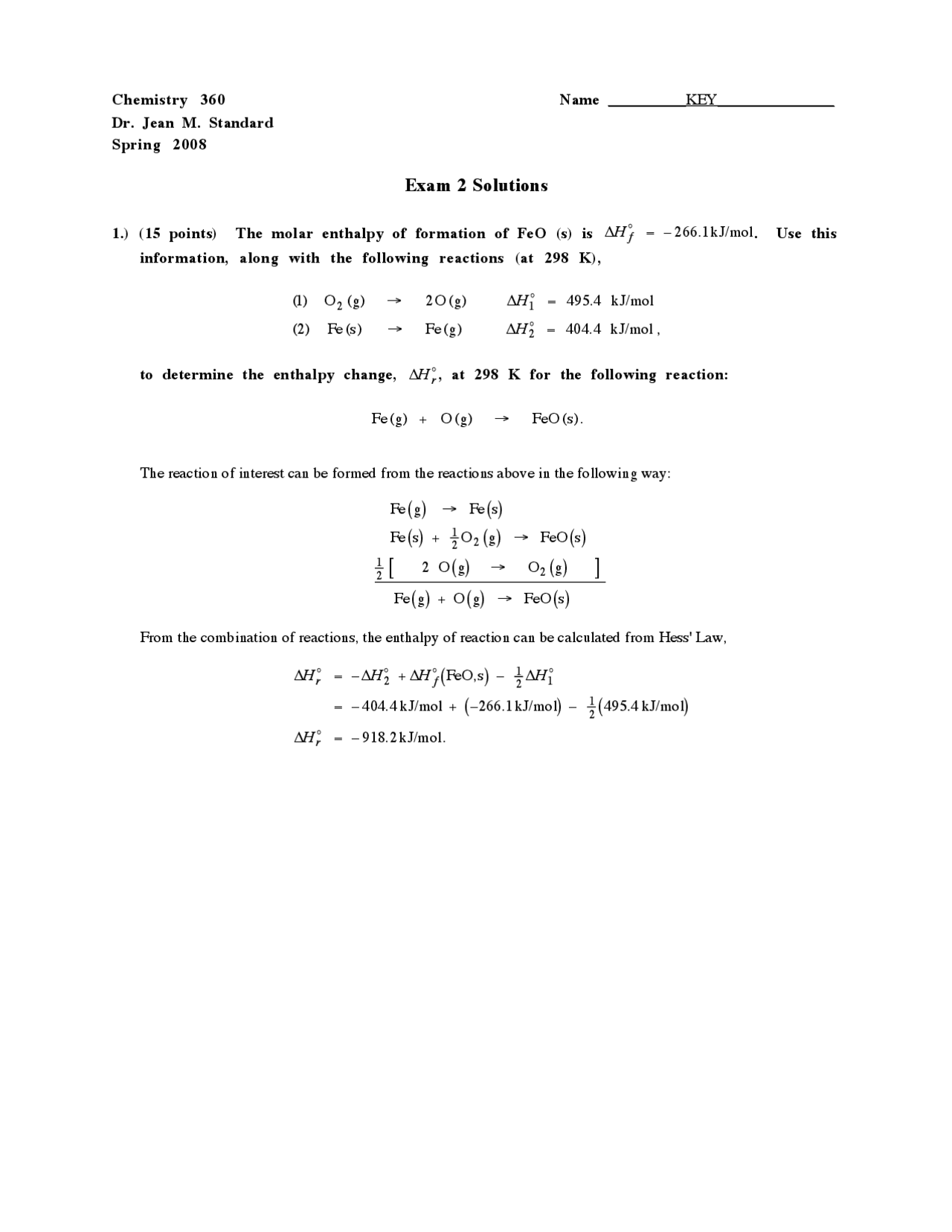 Exam 2 Solutions Physical Chemistry I Che 36000 Docsity