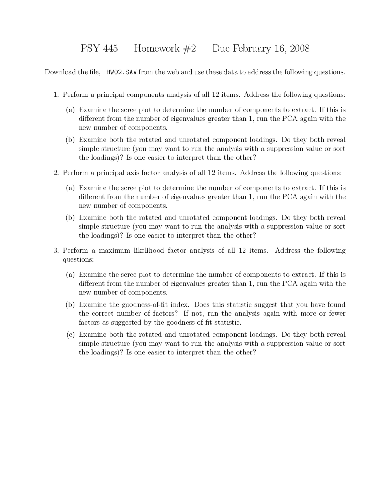 Homework 2 Questions Covariance Structure Modeling Psy 44500 Docsity