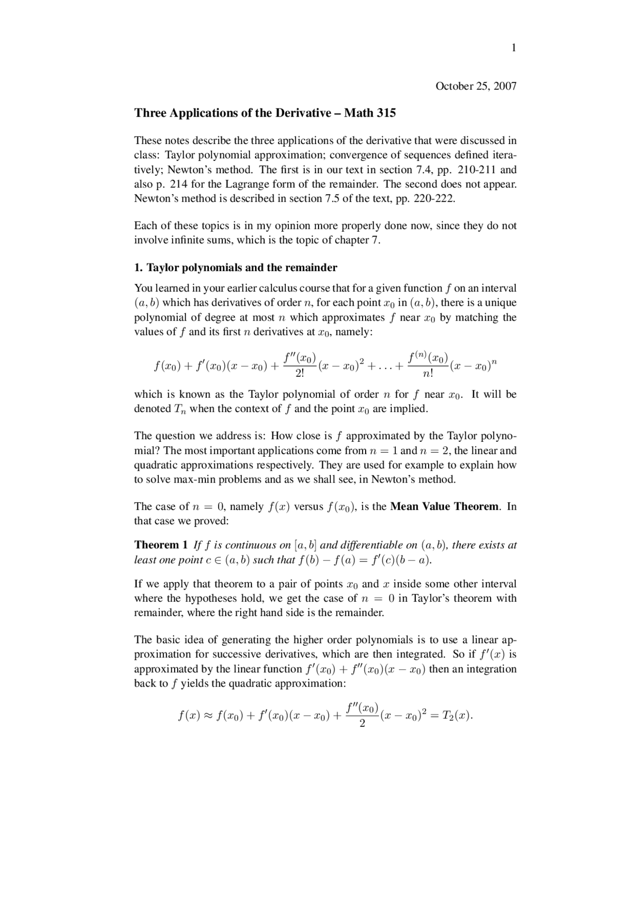 Three Applications of the Derivative - Lecture Notes | MATH 315 | Study ...