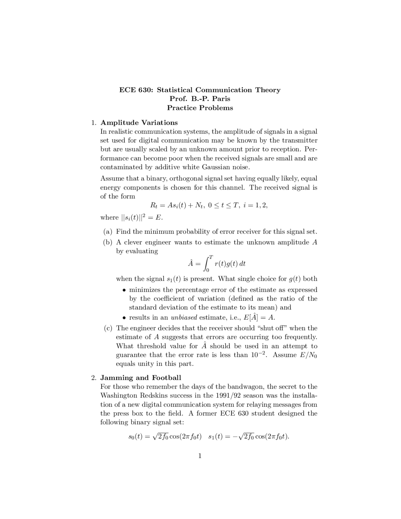 Practice Problems For Statistical Communication Theory Ece 630 Docsity