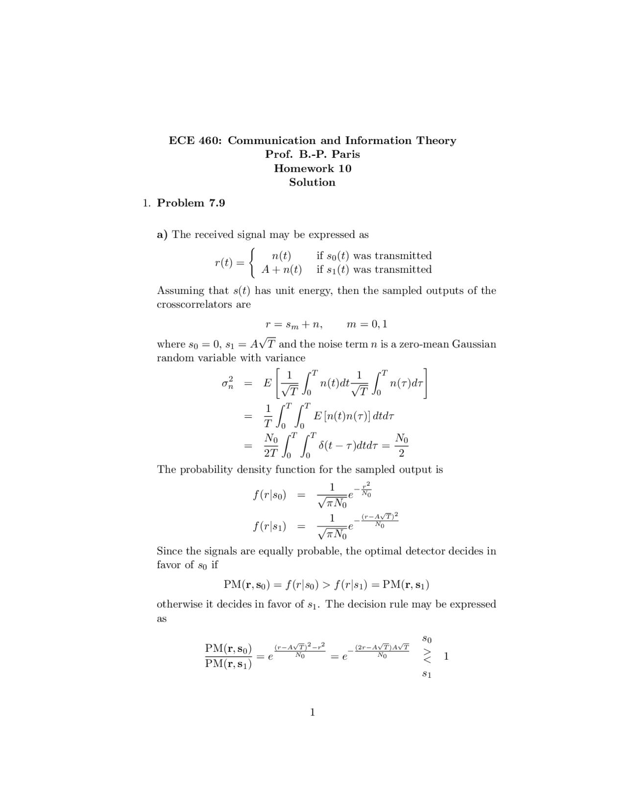Communications And Information Theory Homework 10 Solutions Ece 460