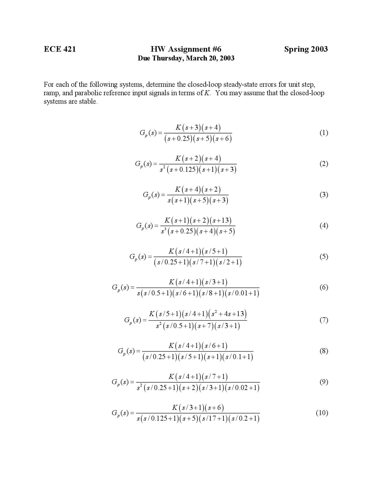Assignment 6 Classical System And Control Theory Spring 2003 Ece