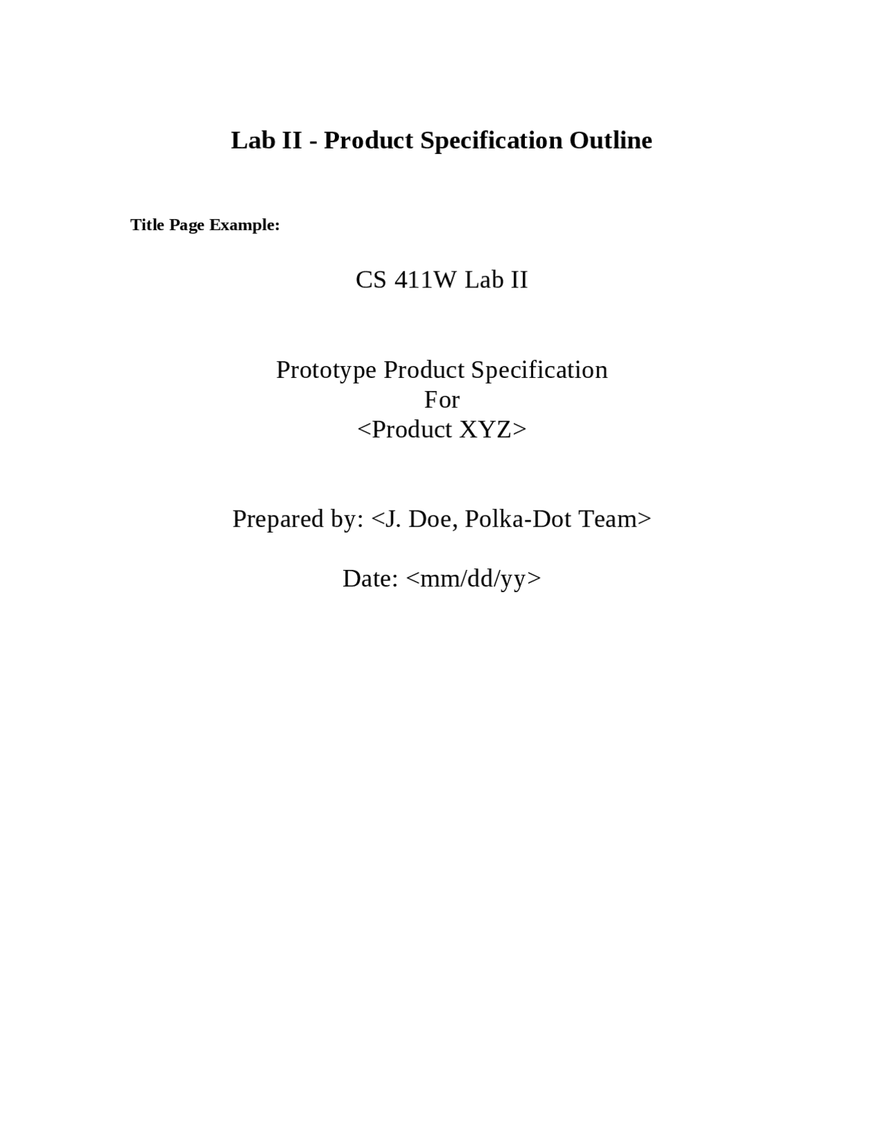 Laboratory 2 Product Specification Outline Cs 411w Docsity
