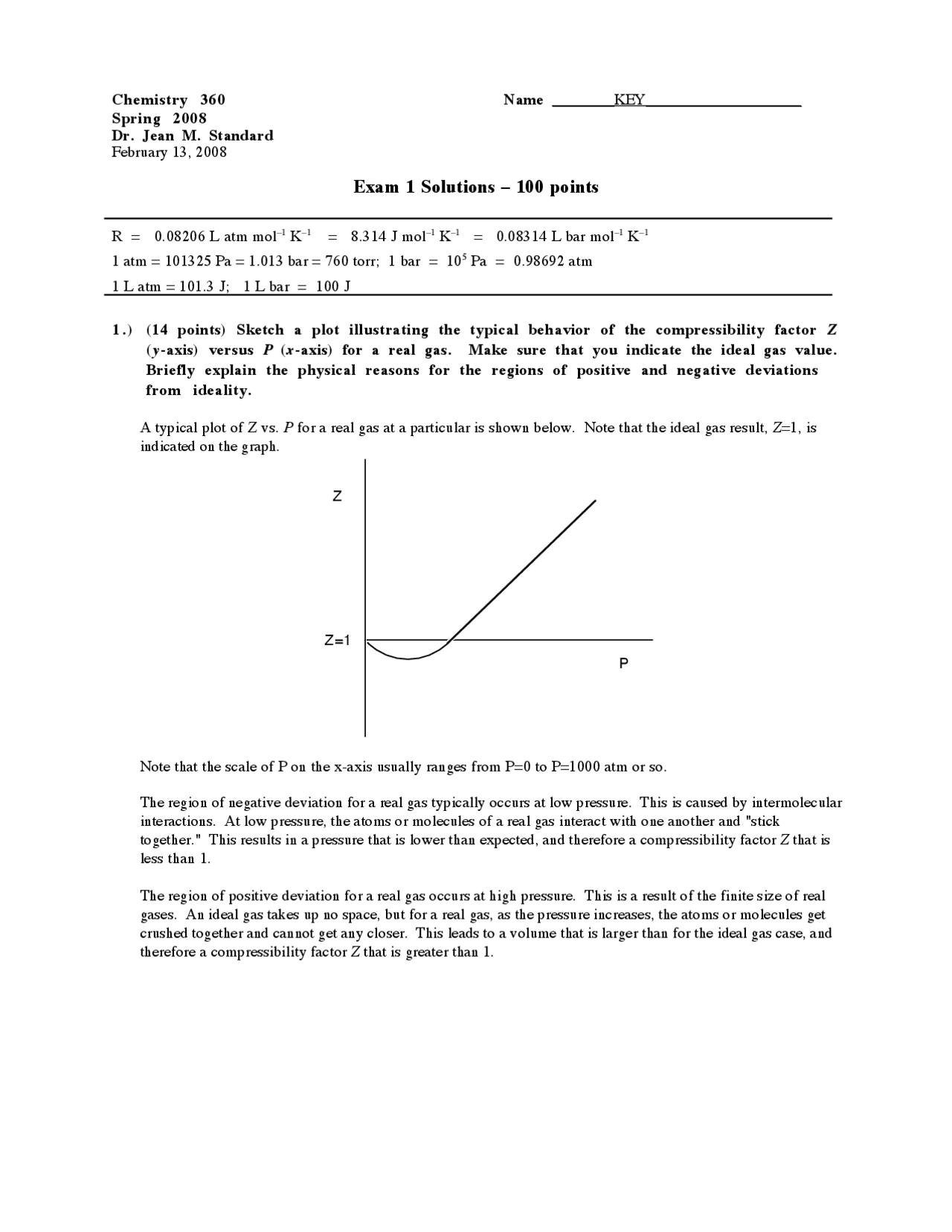 Exam 1 With Solutions Physical Chemistry I Che 36000 Docsity