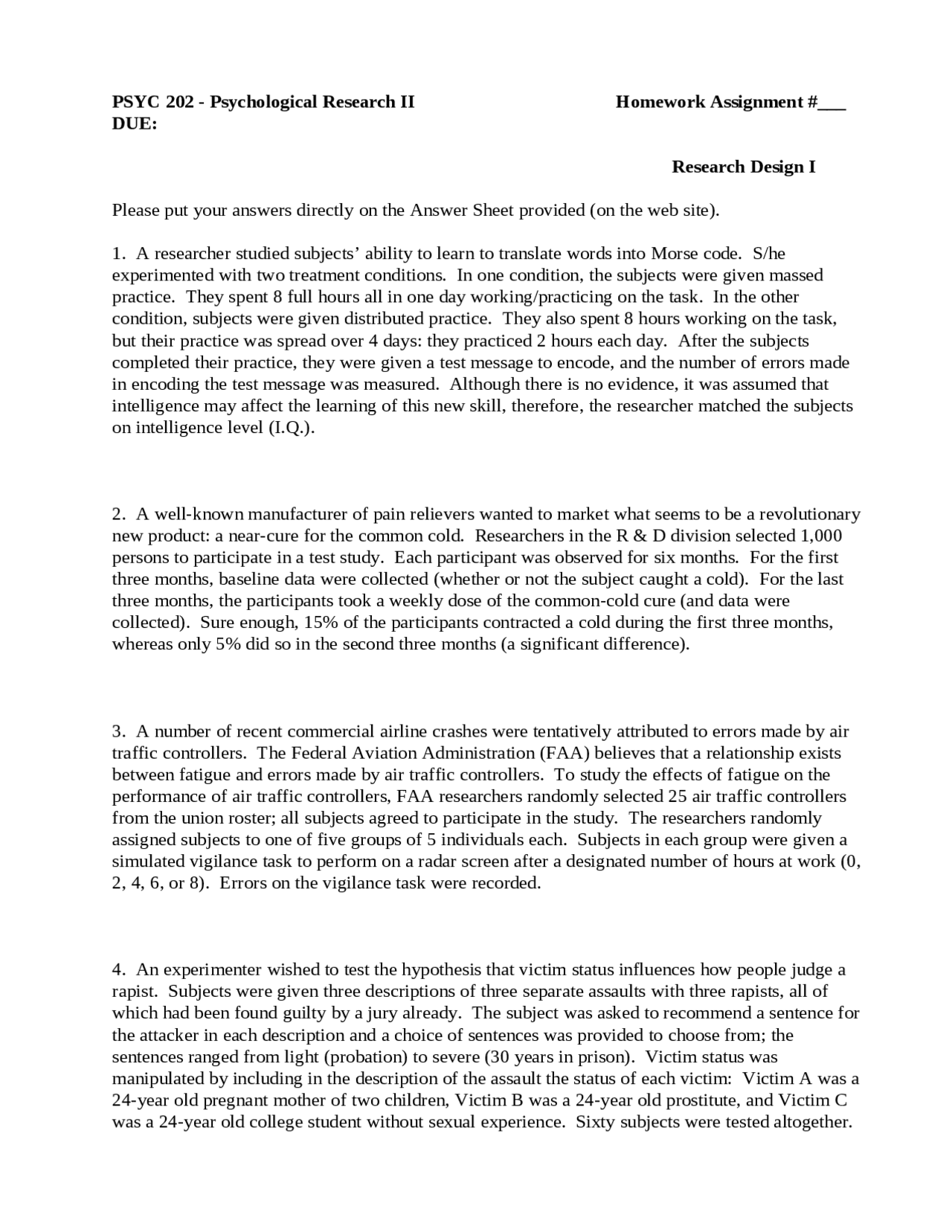 Psychological Research II - Assignment 1 | PSYC 202 | Assignments Psychology | Docsity