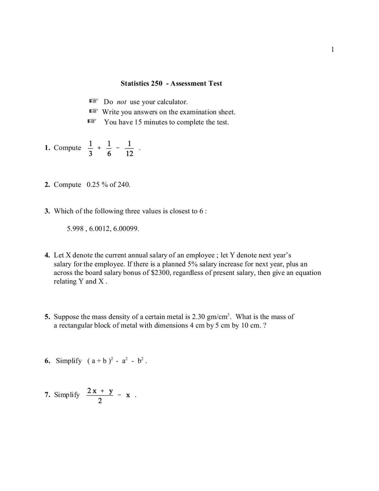 Assessment Test Introductory Statistics I Stat 250 Docsity