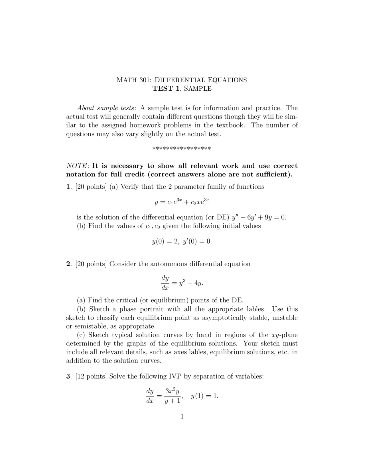 Test 1 Sample Problems Differential Equations Math 301 Docsity