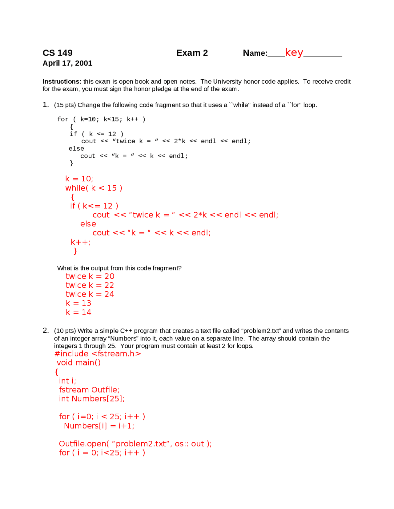 Old Exam 2 with Answer Key - Elements of Computer Science | CS 149D ...