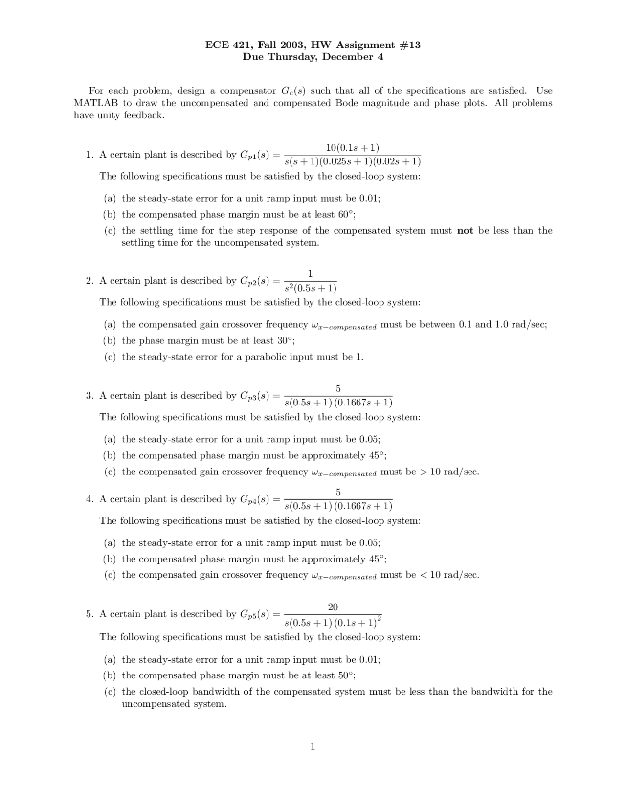 Homework 13 Classical System And Control Theory Ece 421 Docsity