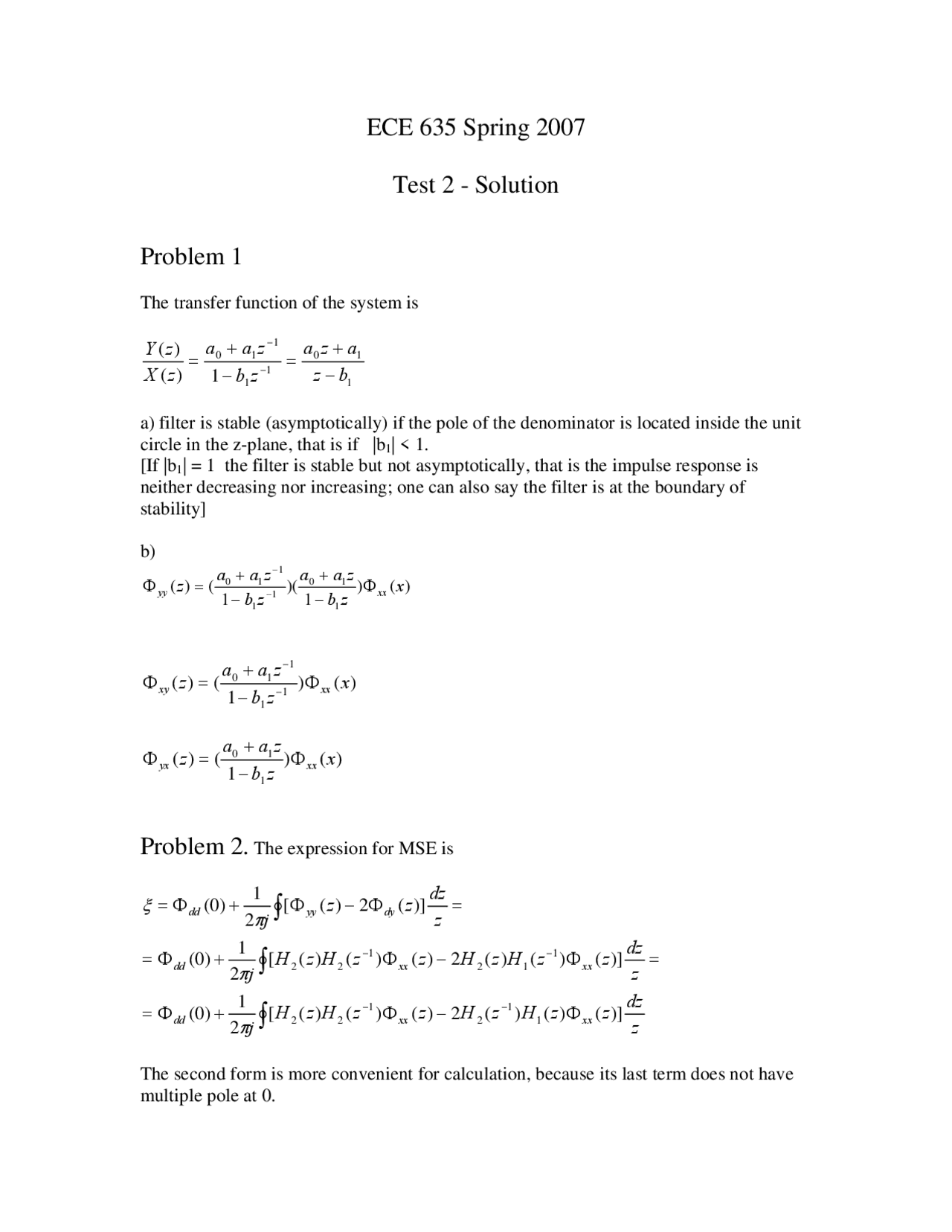 Test 2 Solved Problems Adaptive Signal Process Ece 635 Docsity