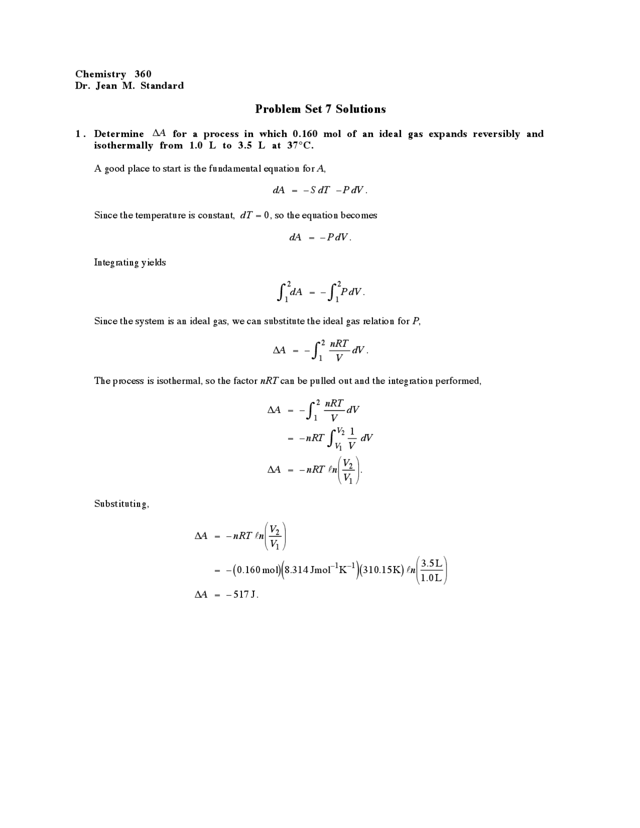 Problem Set 7 Solutions Physical Chemistry I Che 36000 Docsity