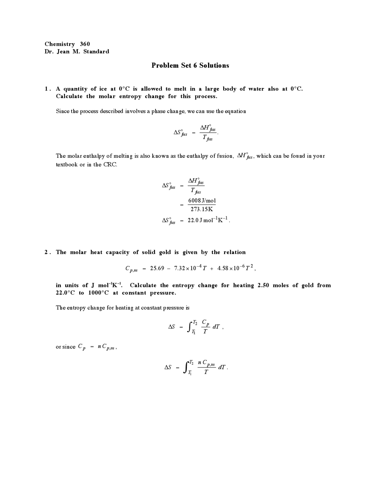 Problem Set 6 Solutions Physical Chemistry I Che 36000 Docsity