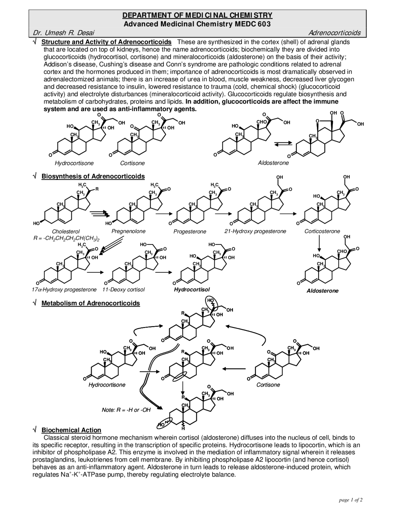 Lecture Notes for Structure and Activity of Adrenocorticoids | MEDC 603 ...