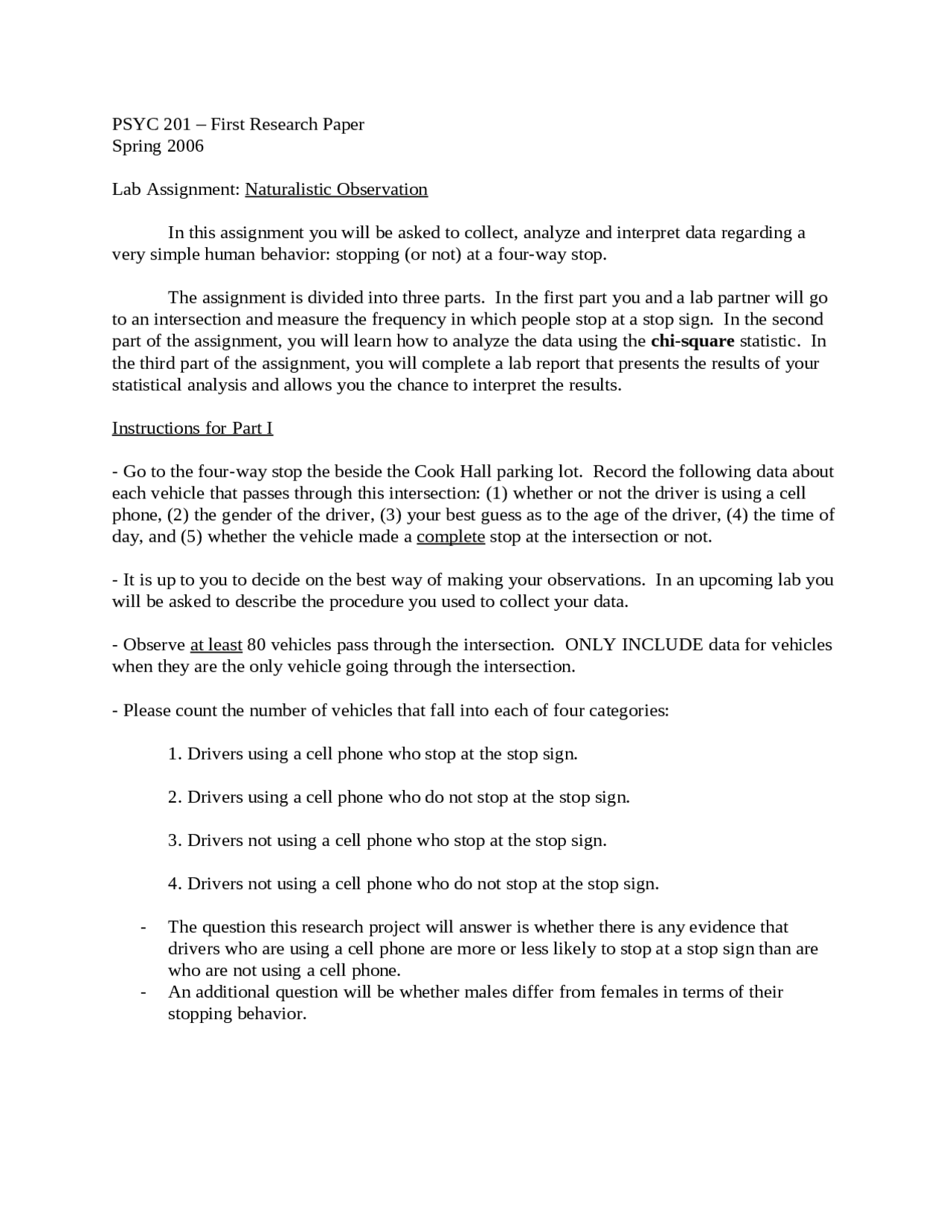 Lab Assignment: Naturalistic Observation | PSYC 201 - Docsity