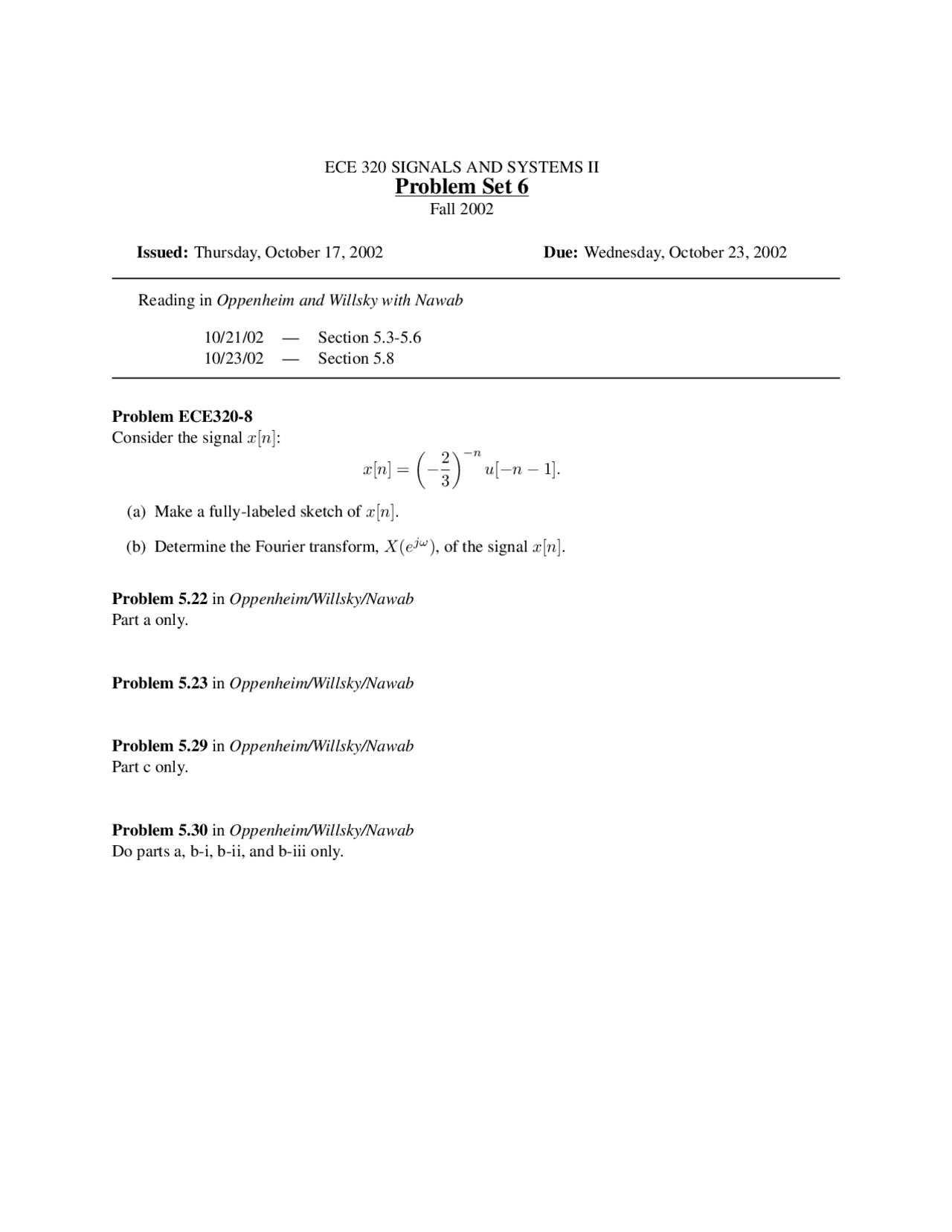 5 Problems On Signals And Systems Ii Problem Set 6 Ece 320 Docsity