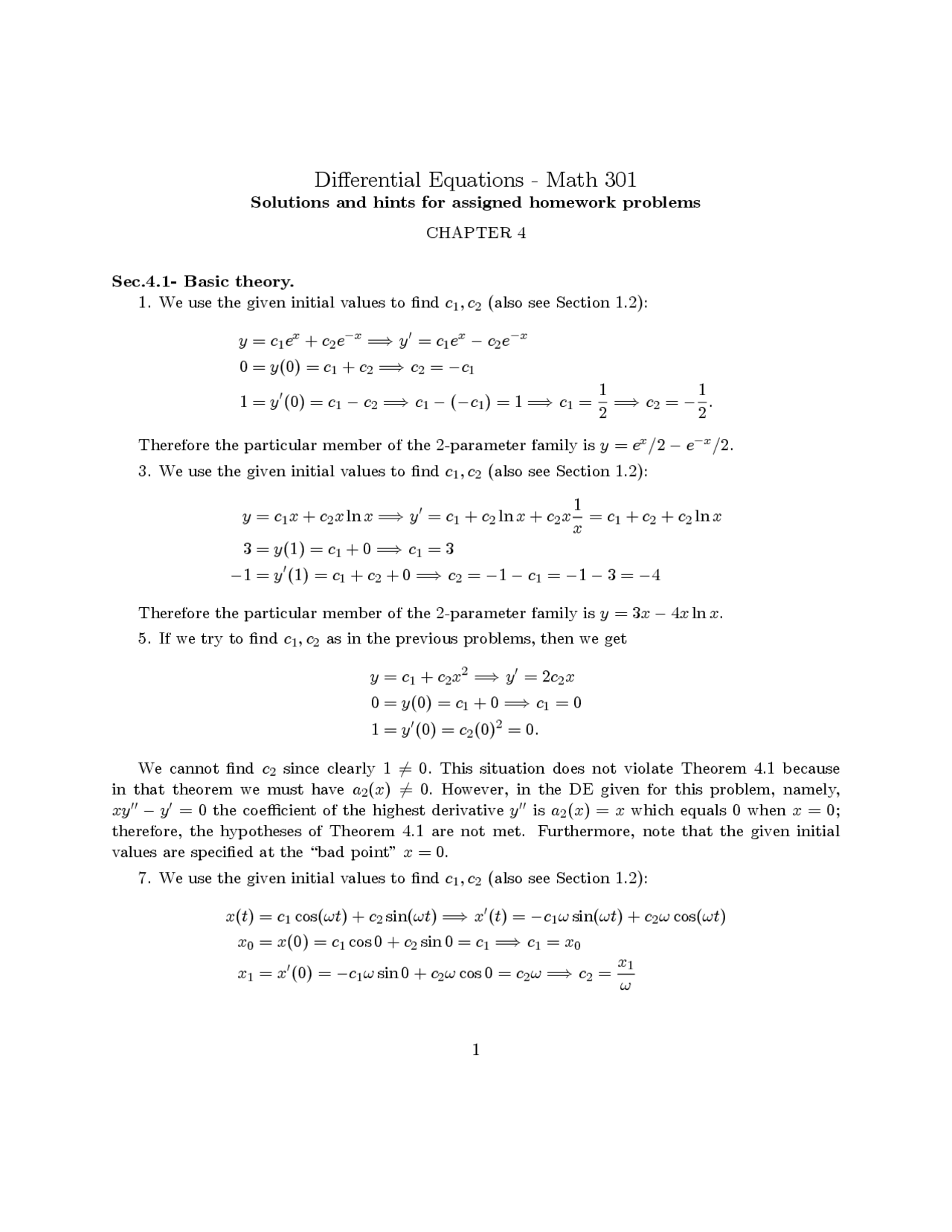 Assignment 4 with Solutions - Differential Equations | MATH 301 - Docsity