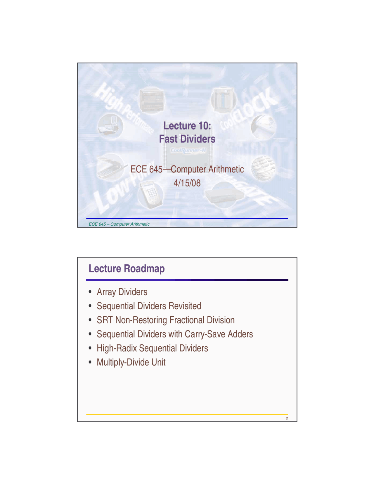 Slides On Fast Dividers And Lecture Roadmap Ece 645 Docsity