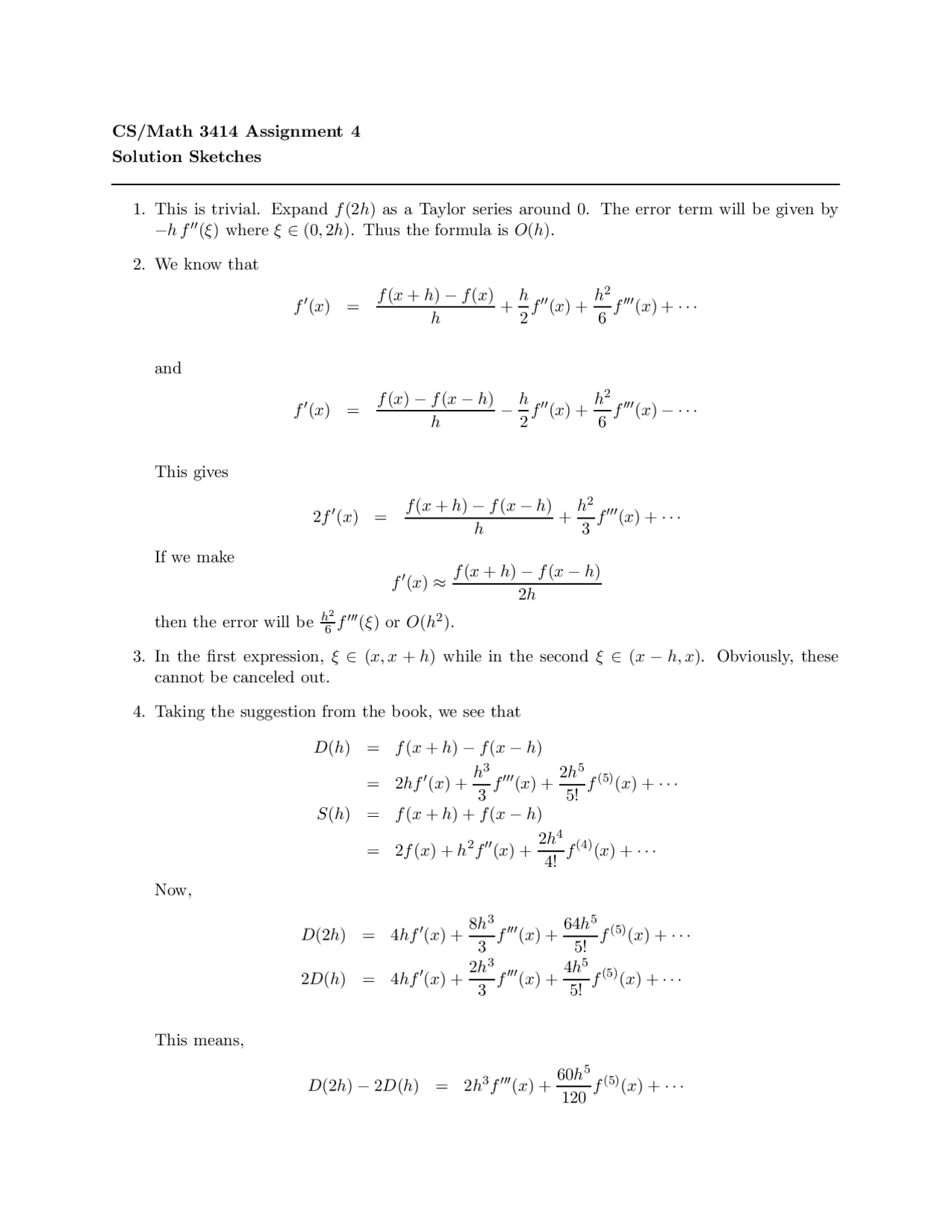 Assignment 4 Solution Sketches Numerical Methods Cs 3414 Docsity