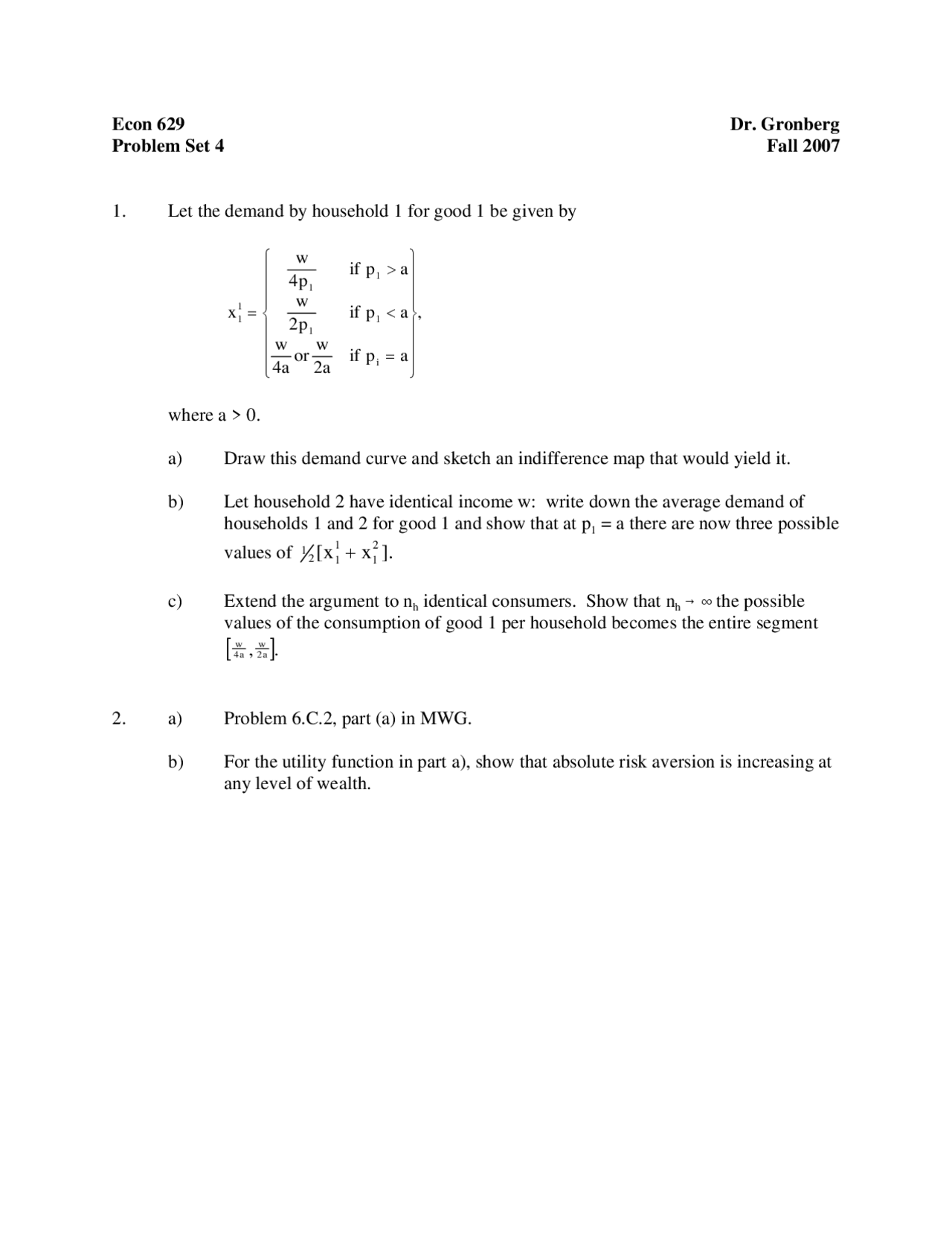 Problem Set 4 Microeconomic Theory I Econ 629 Docsity