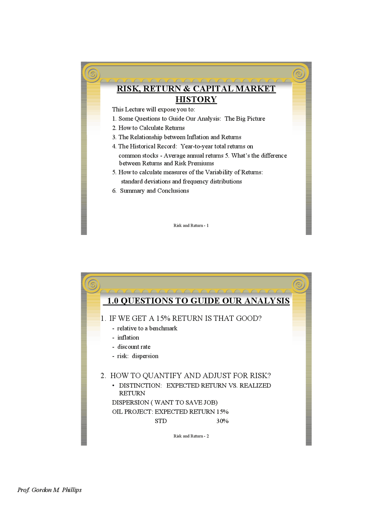 Risk Return And Capital Market Lecture Slides Bmgt 640 Docsity