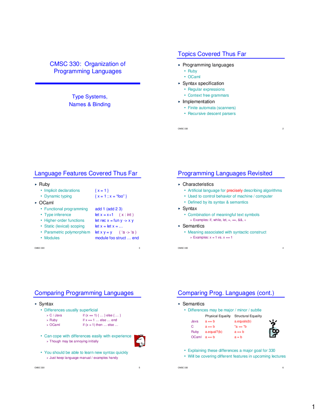 Type, Systems, Names and Binding - Organization of Programming Language | CMSC 330 - Docsity