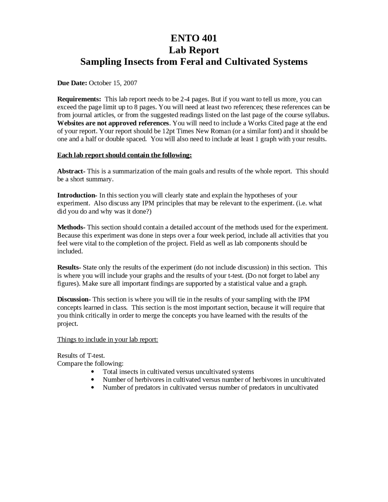 Sampling Insects From Feral And Cultivated System Lab Report Ento