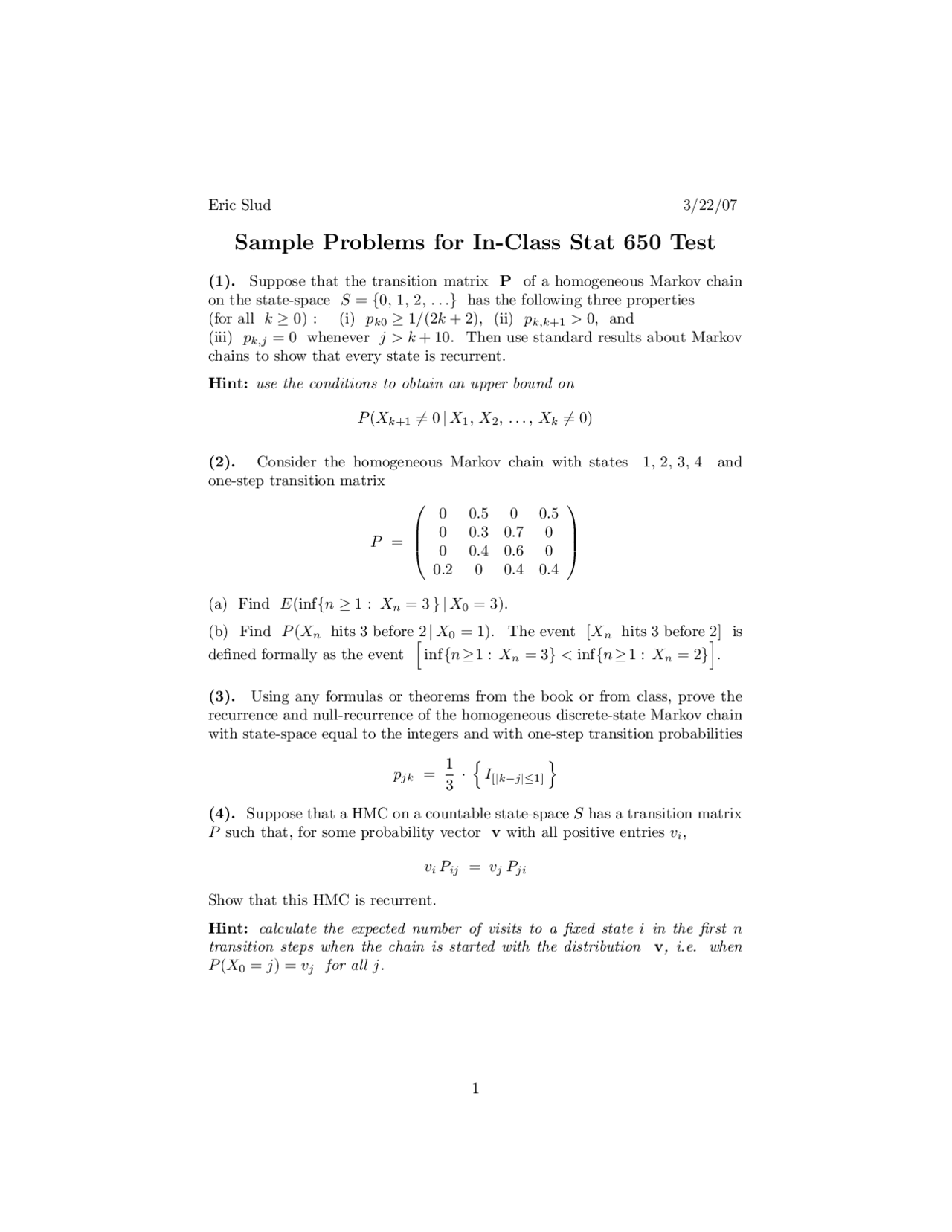 Sample Problem for Exam - Applied Stochastic Probability | STAT 650 - Docsity