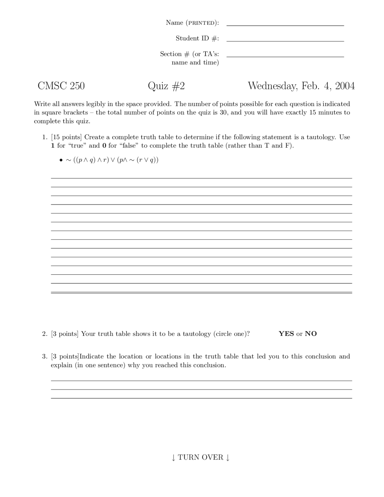 Quiz 2 With 5 Questions Discrete Structures 2004 Cmsc 250 Docsity