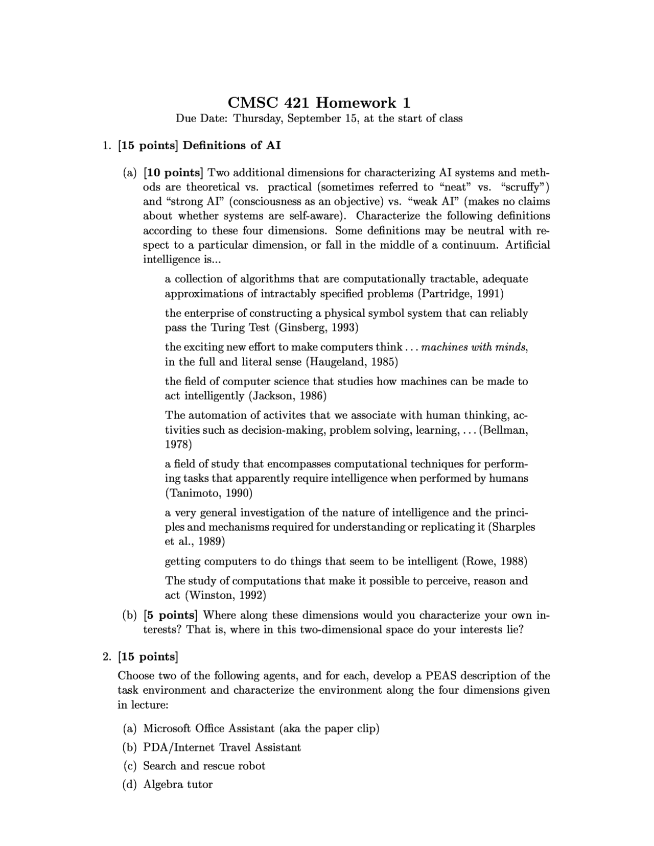 Homework 1 Definition Of Ai Introduction To Artificial Intelligence