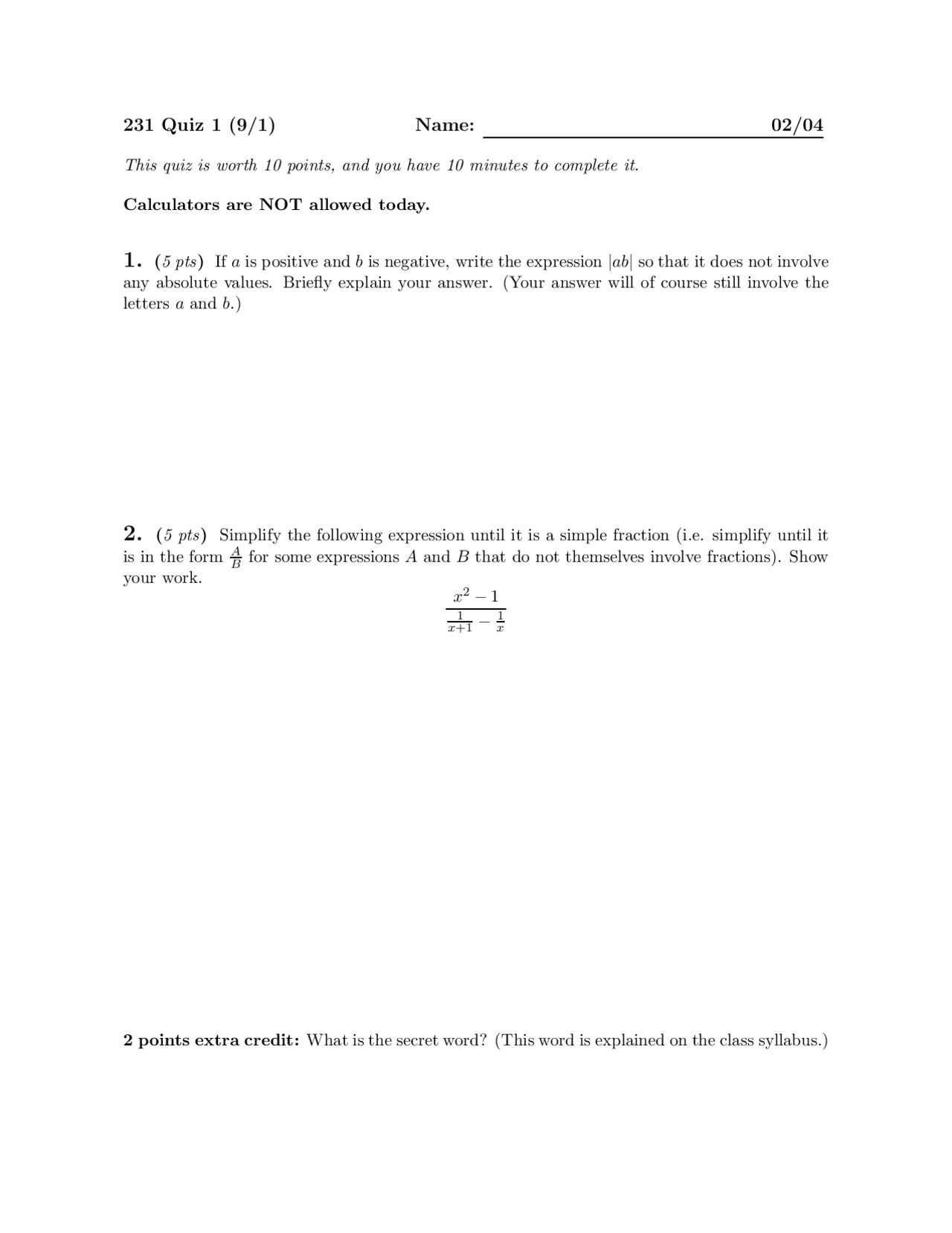 What is the Secret Word - Quiz 1 - Calculus with Functions I | MATH 231 - Docsity