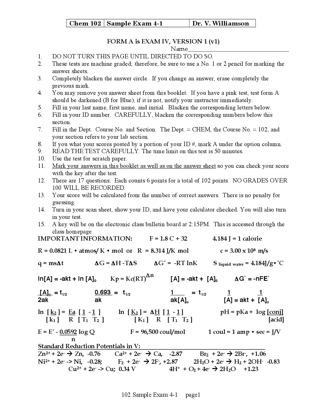 Sample Exam 4 Version A Fundamentals Of Chemistry Ii Chem 102 Docsity
