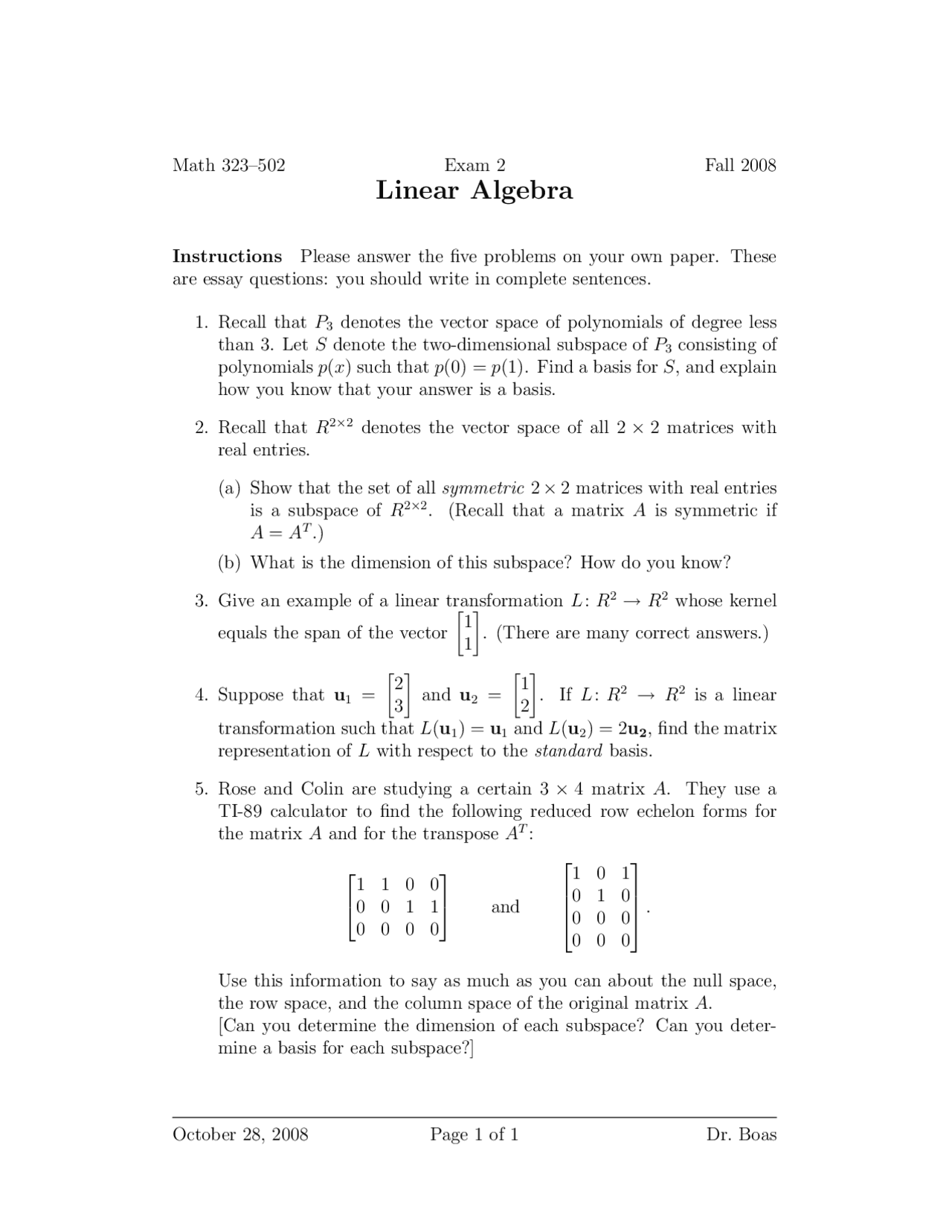 5 Problems Exam 2 Linear Algebra Math 323 Docsity