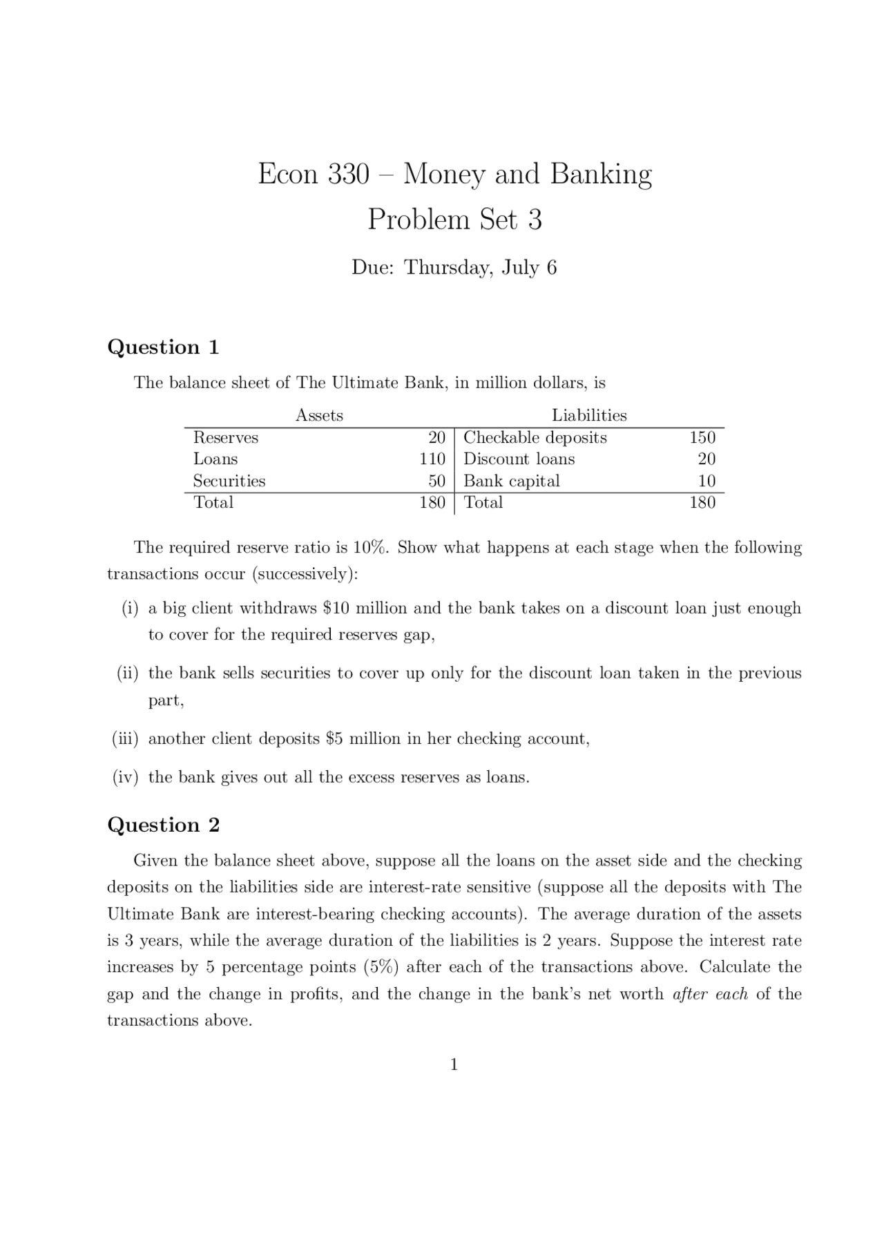 Problem Set 3 Money And Banking Econ 330 Assignments Banking And