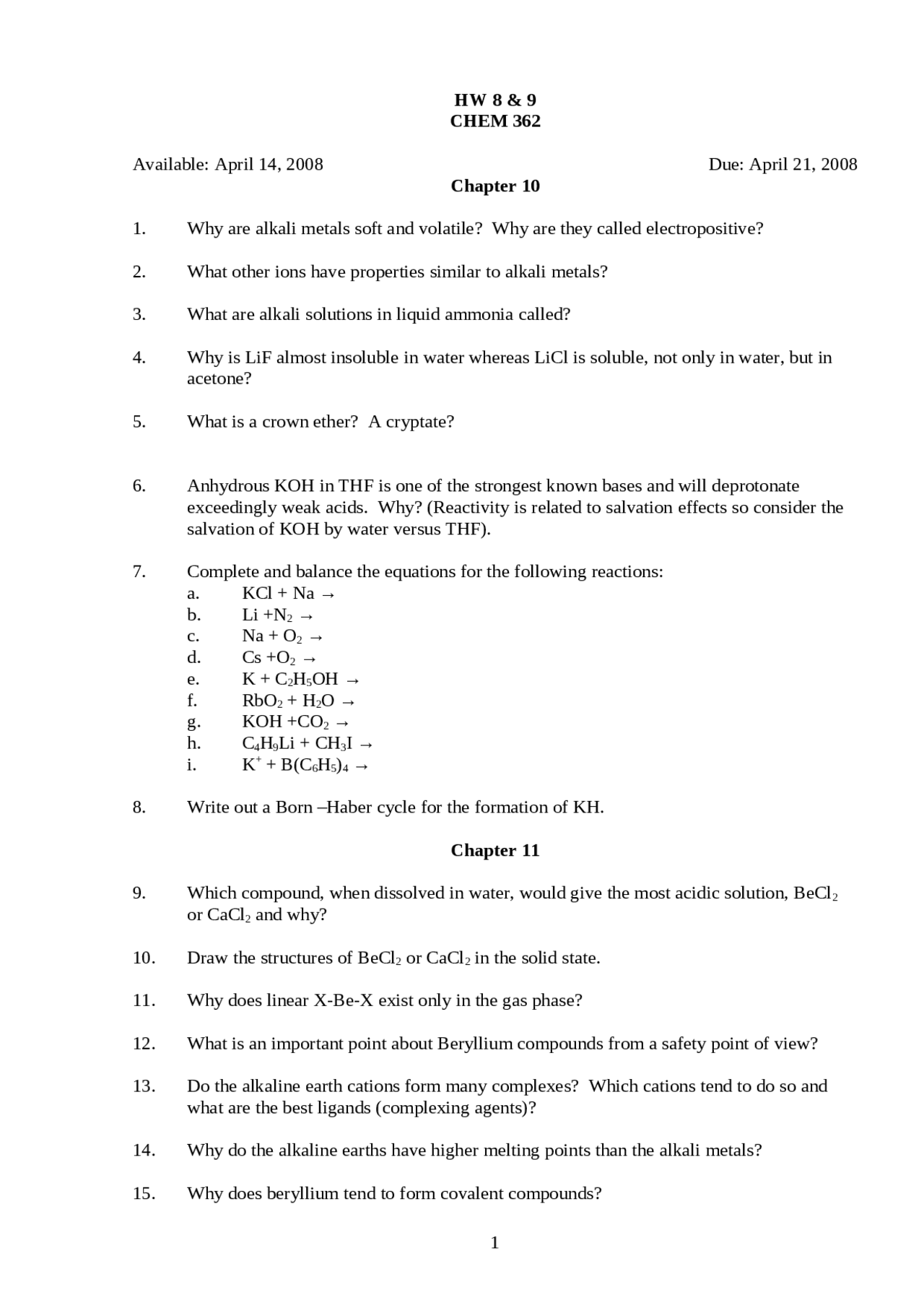 Alkali Metals - Homework 8 and 9 | Inorganic Chemistry | CHEM 362 - Docsity