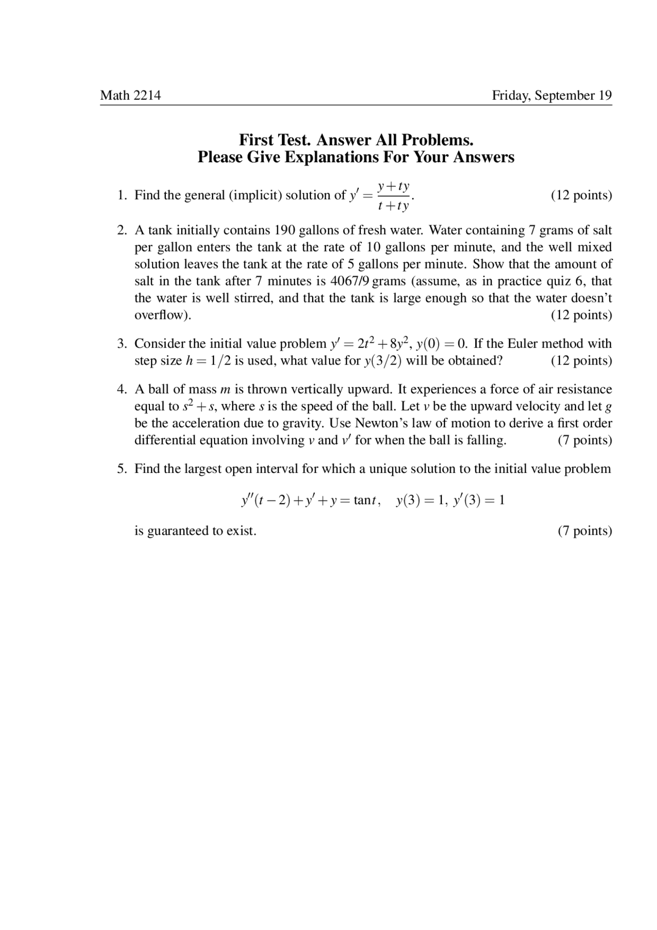 First Test With Solution Introduction Differential Equations Math