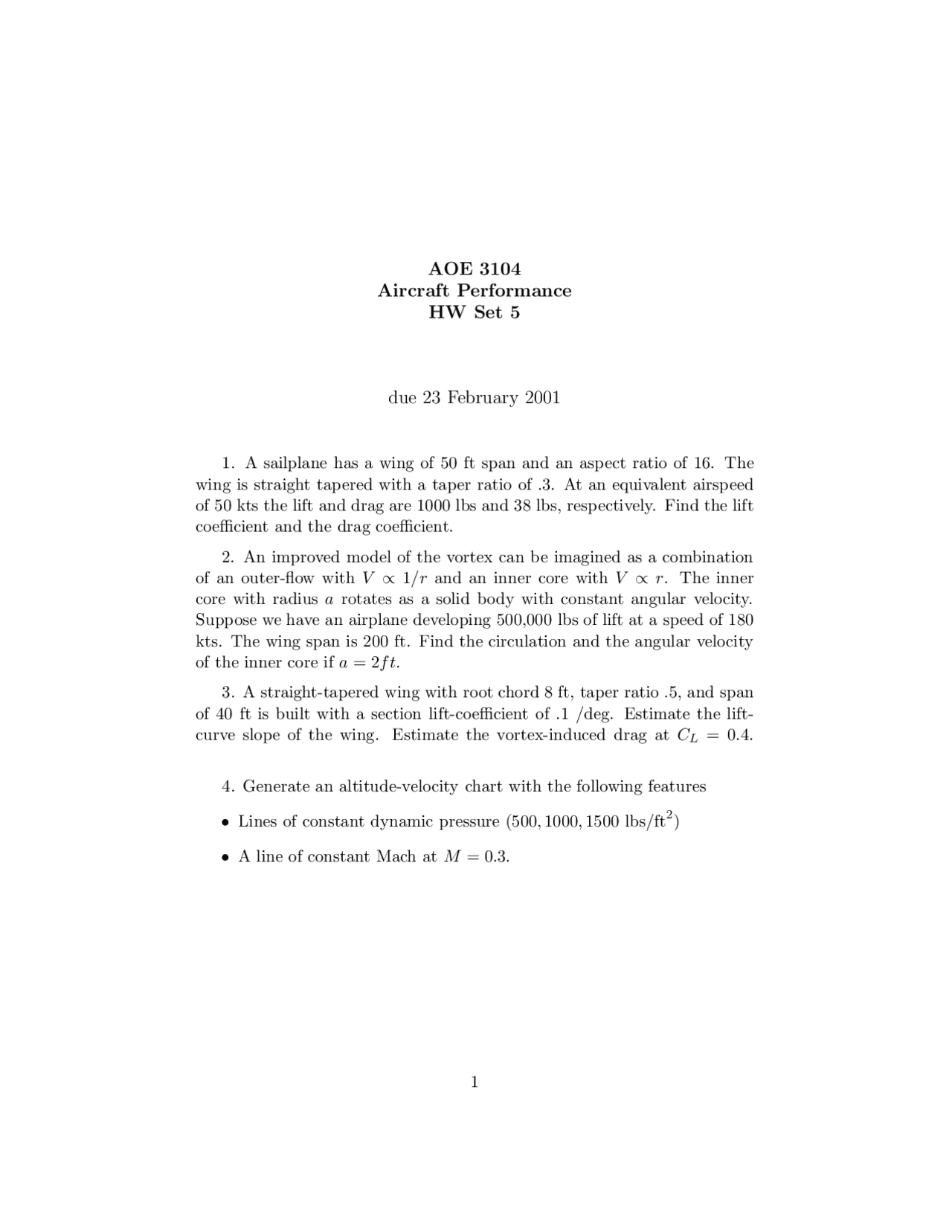 Homework 5 For Aircraft Performance Aoe 3104 Docsity