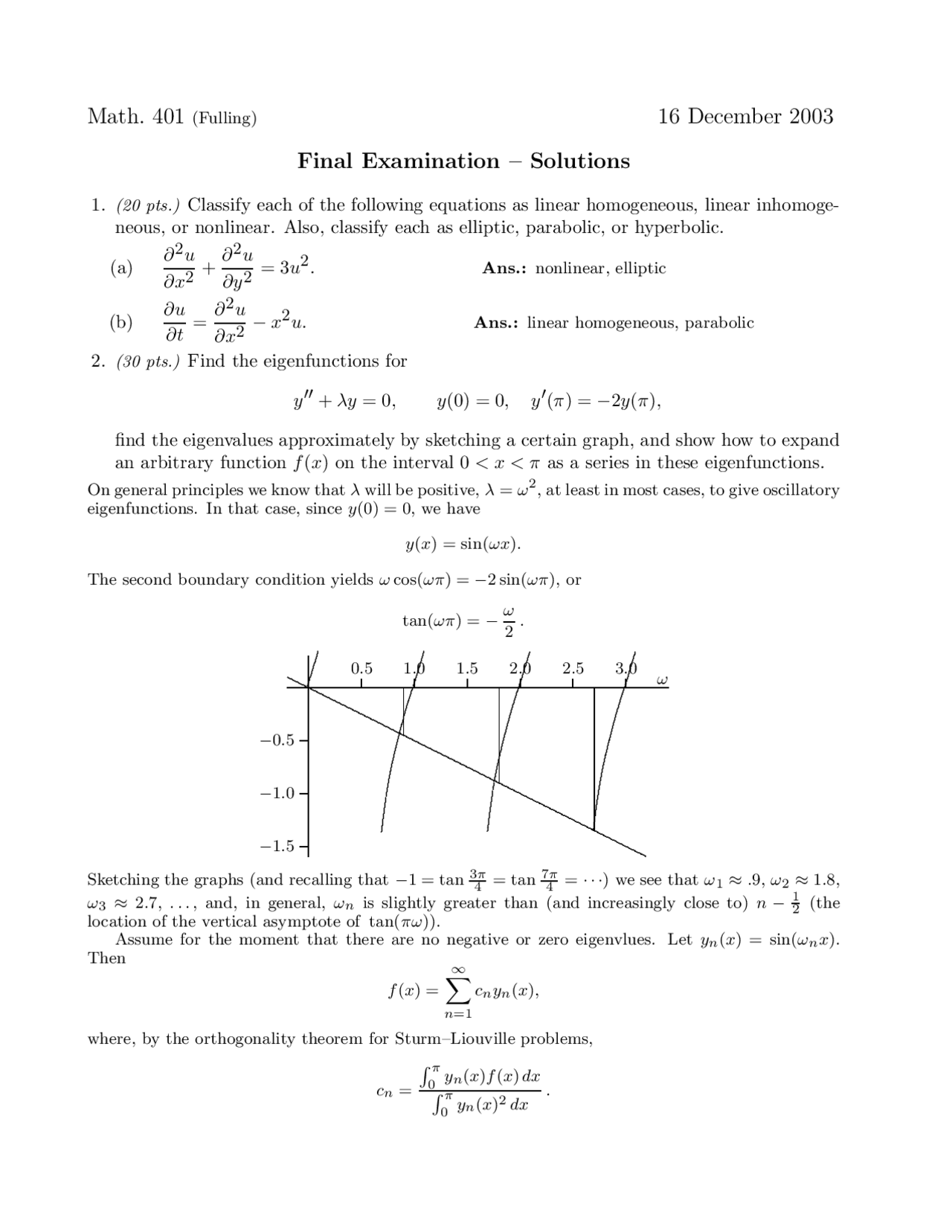 Final Exam Solution Fall 2003 Advanced Engineering Mathematics Math