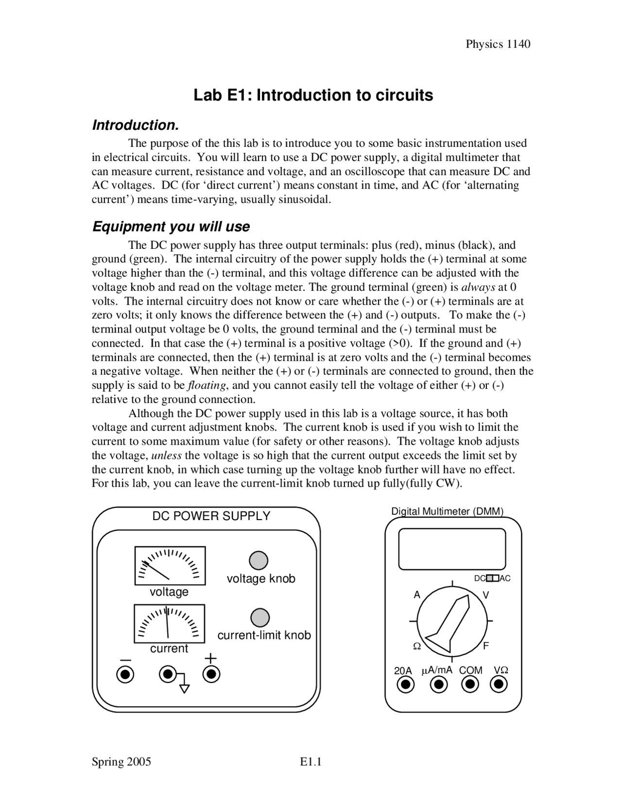 Introduction to Circuits - Laboratory E1 | PHYS 1140 - Docsity