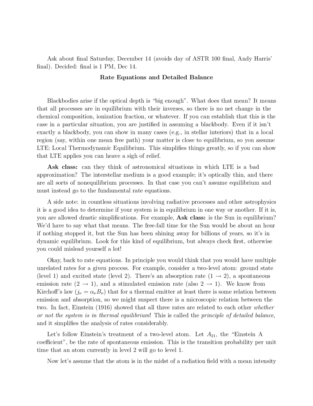 Rate Equations And Detailed Balance Radiative Processes Astr 601