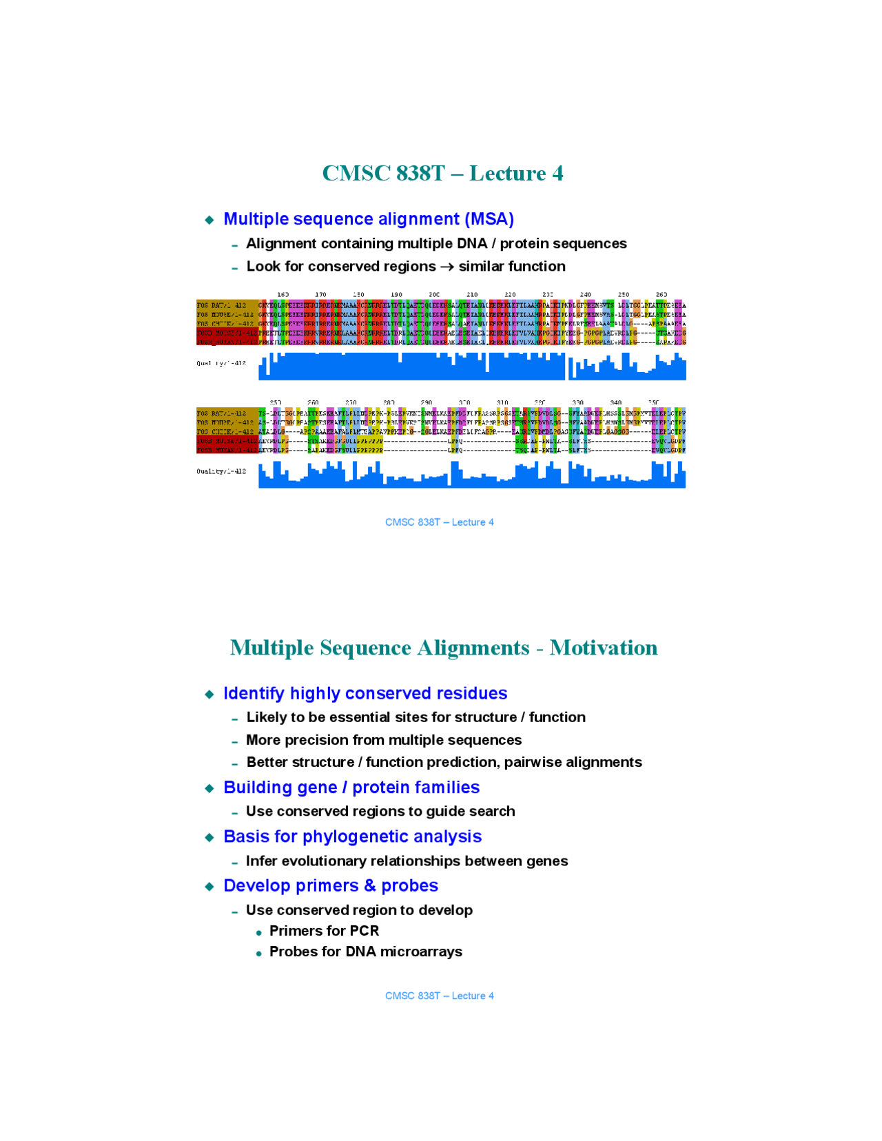 Lecture 4 Multiple Sequence Alignment Cmsc 828t Docsity