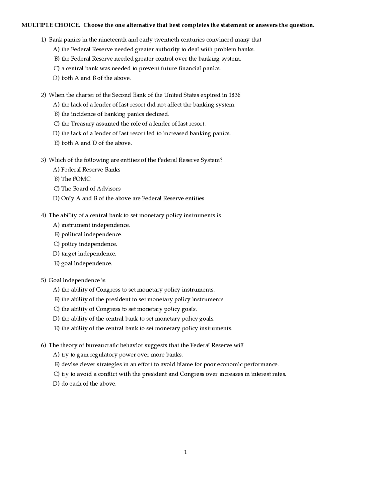 6 Multiple Choice Questions On Money And Banking With Answers Econ