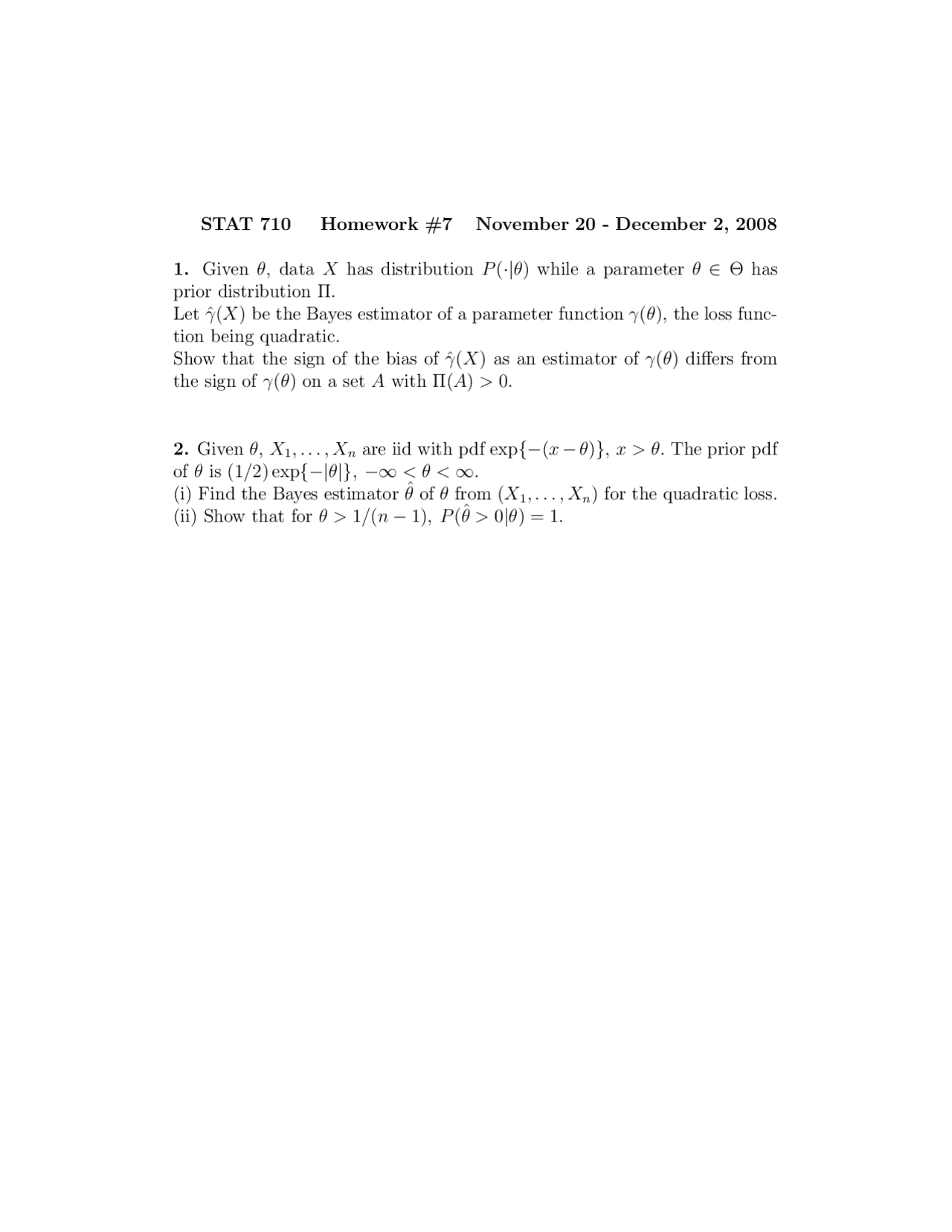 2 Solved Problems on Parametric Distribution - Assignment 7 | STAT 710 - Docsity