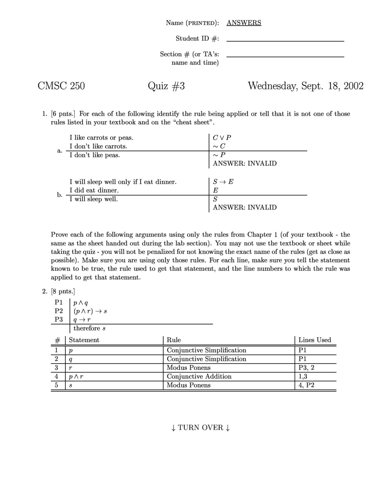 Quiz 3 With Answers Discrete Structures 2002 Cmsc 250 Docsity 6164