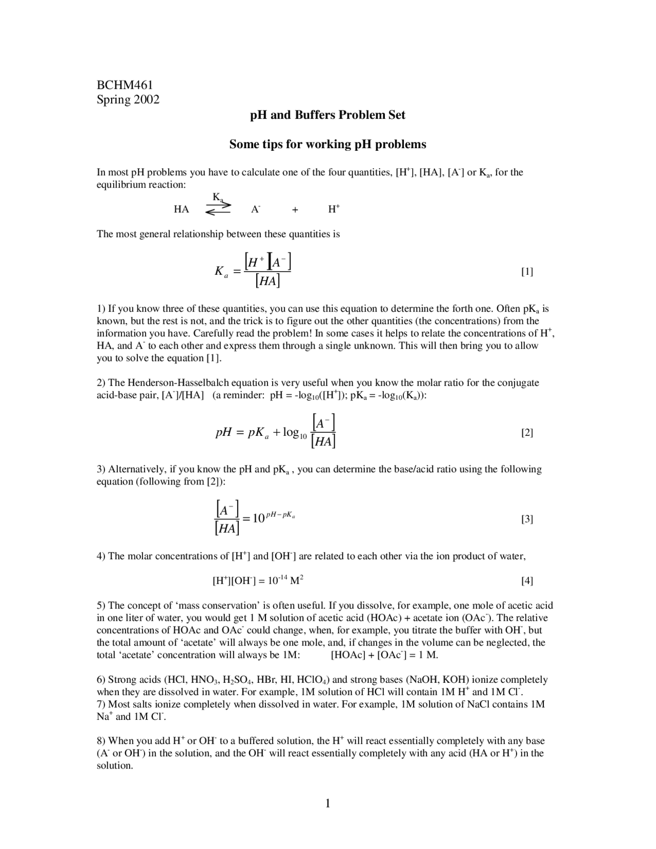 Lecture Notes On Ph And Buffers Problem Set Bchm 461 Docsity